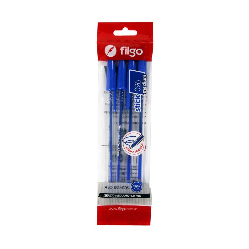 Bolígrafo Filgo stick azul x 4 uni - Carrefour