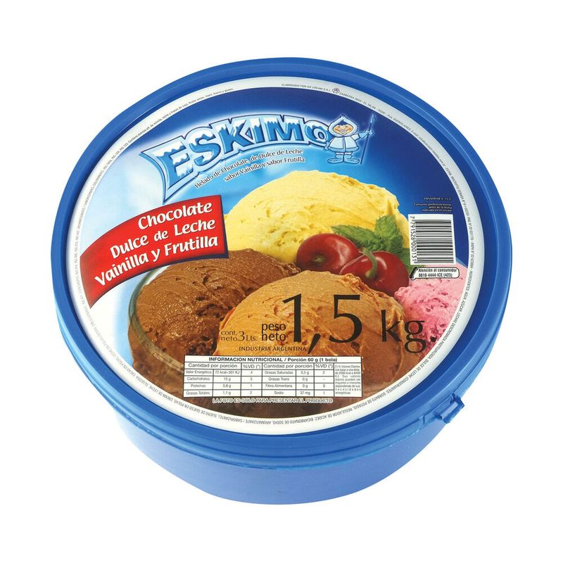 Helado Eskimo chocolate, vainilla y frutilla 1.5 kg. - Carrefour