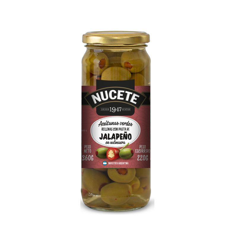 Aceitunas verdes Nucete rellenas con jalapeño en frasco 330 g. - Carrefour