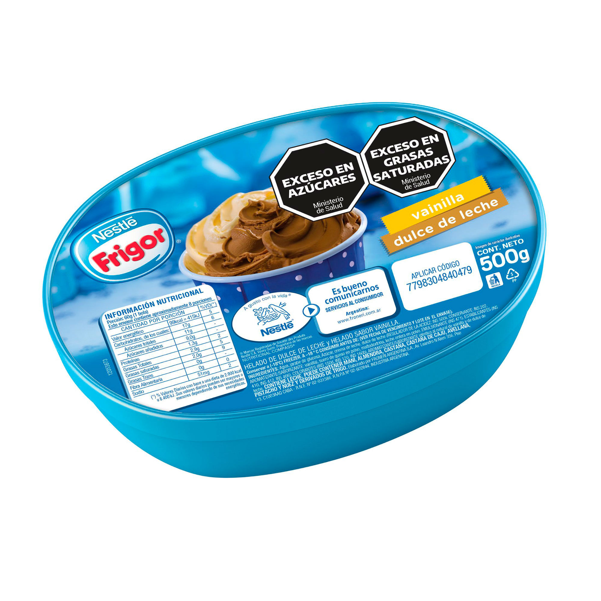 Helado Frigor sabor vainilla y dulce de leche en pote 500 g. - Carrefour