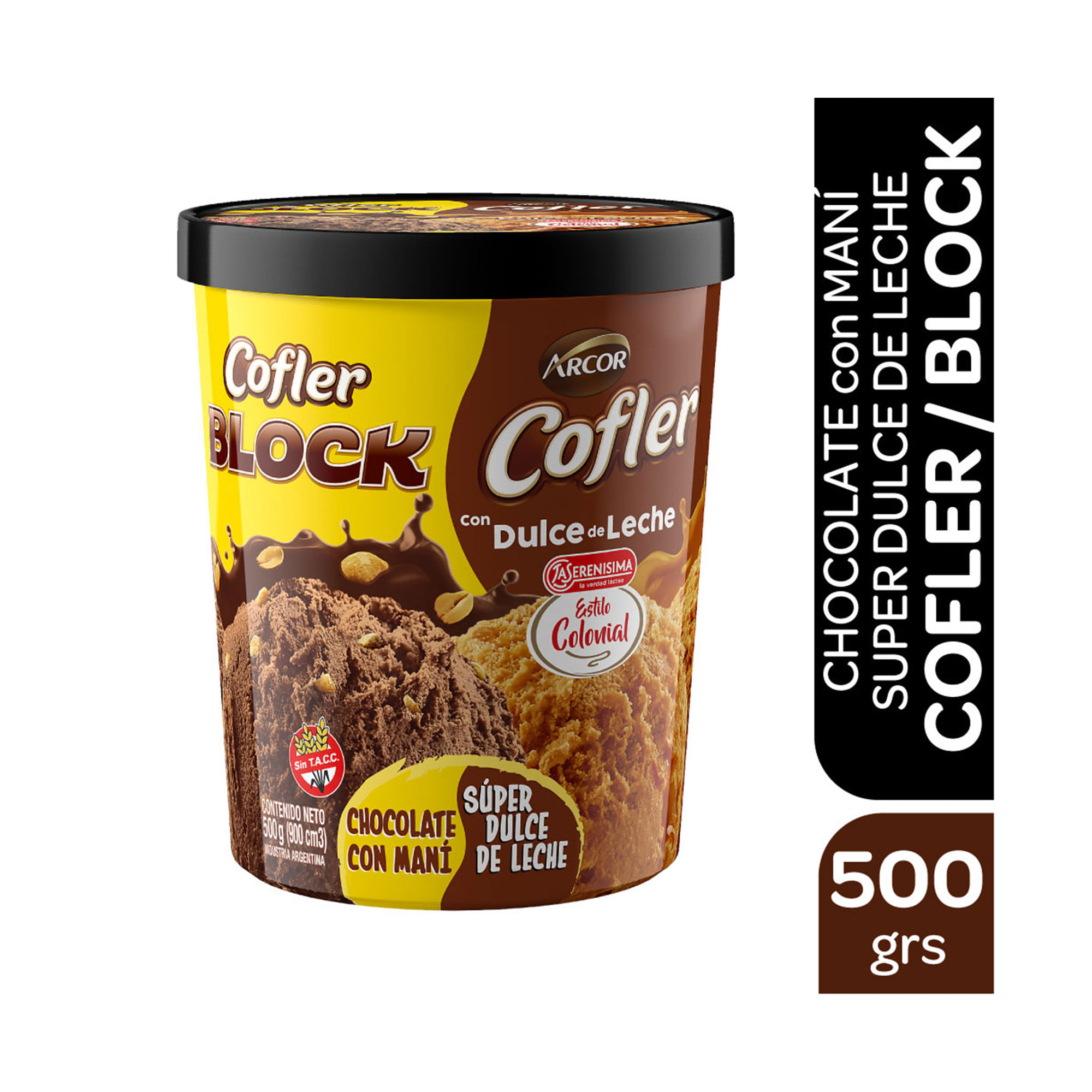 Helado duo chocolate block y dulce de leche Cofler en pote 500 g ...